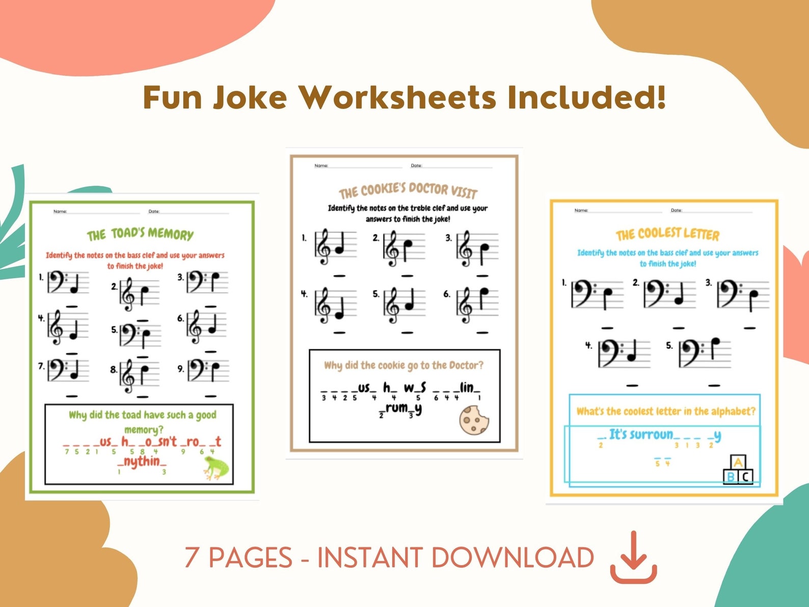 Fun Music Worksheets INSTANT DOWNLOAD - Treble Clef, Bass Clef, the ...