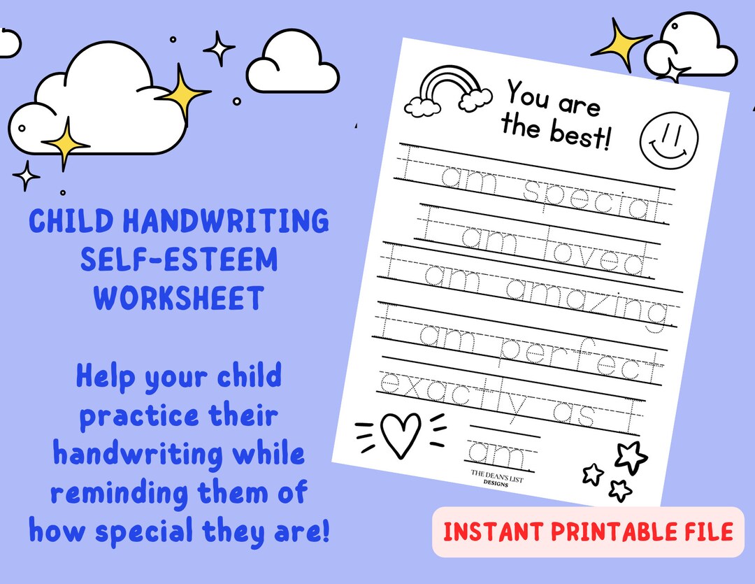 SELF-ESTEEM WORKSHEET Handwriting Printable Digital File for Kids - Etsy