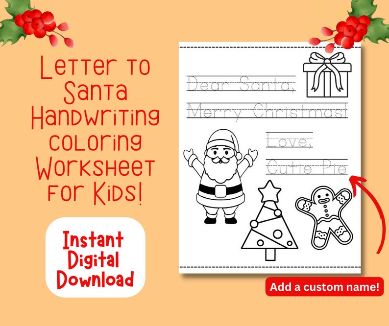 Custom Letter to Santa Handwriting Coloring Worksheet for Kids - Etsy