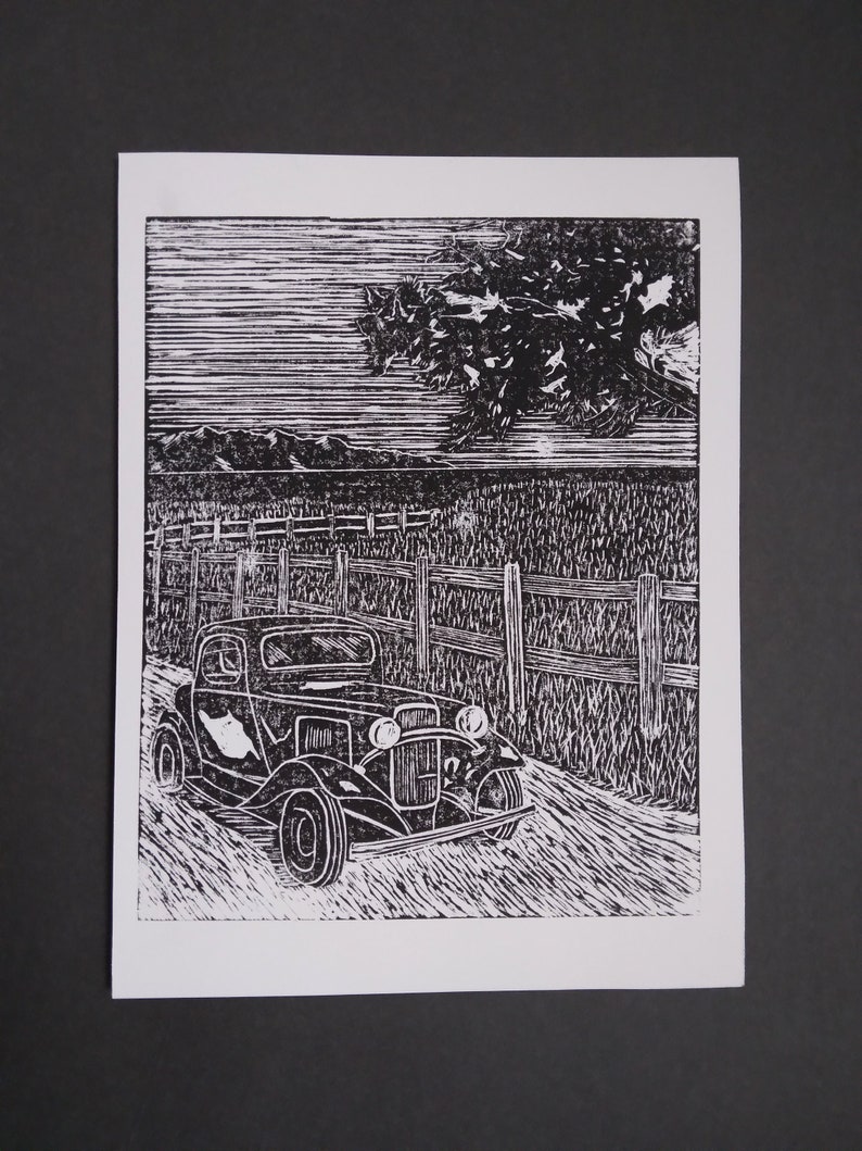 Handmade Linocut Print | Vintage Car on the Countryside - Etsy