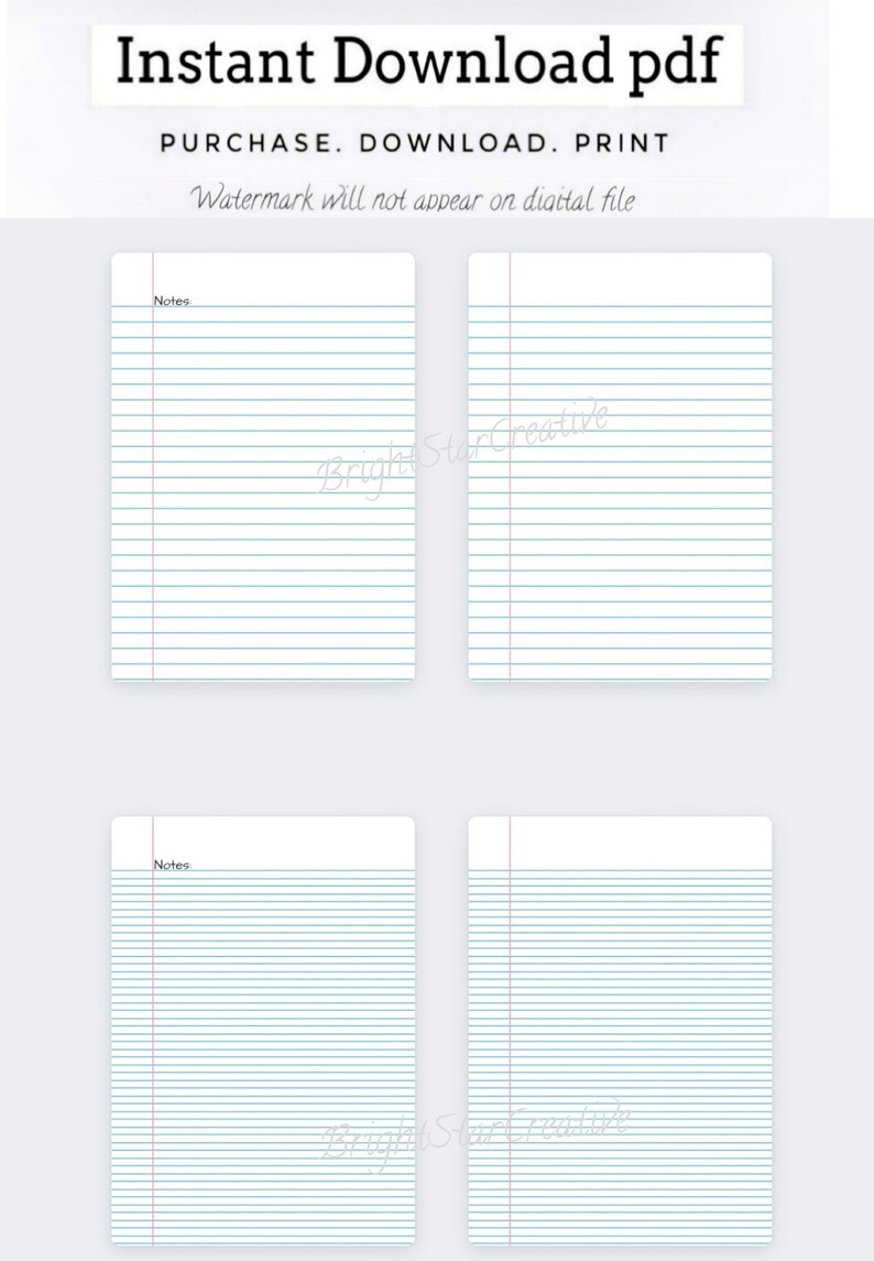 Lined School Paper, Printable Lined Notebook Paper, Lined Notebook ...