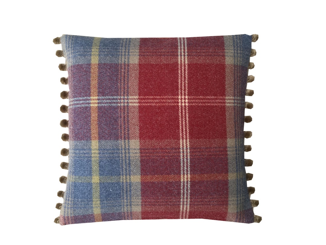 Balmoral Ruby Red, Blue, Yellow Pompom Trim Cosy Wool Effect Tartan ...