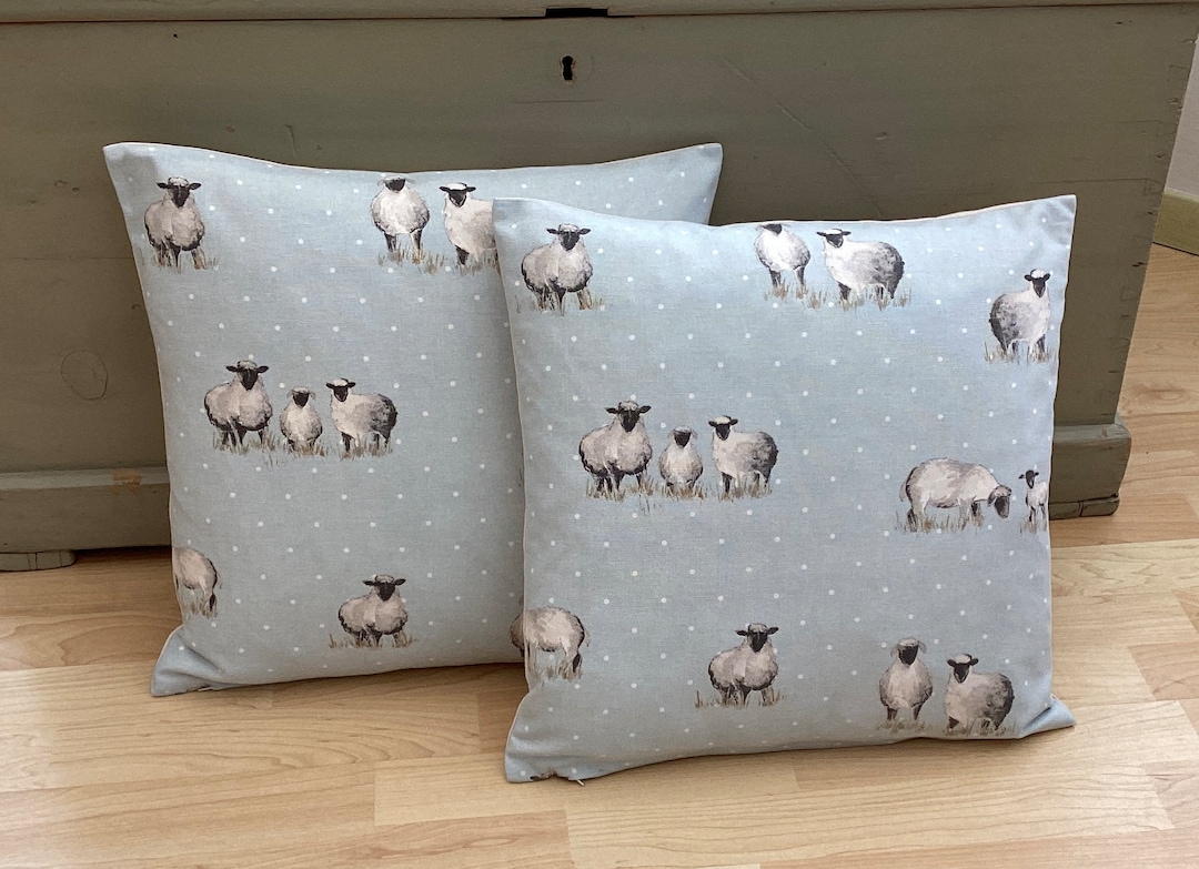 Complete Pair of 16" Sheepy Sheep Powder Blue Grey Ivory Country Linen ...