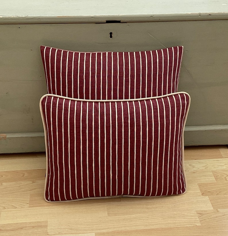 Crimson Red Stripe Piped Bolster Pillow Cover: Handmade Linen Cushion ...