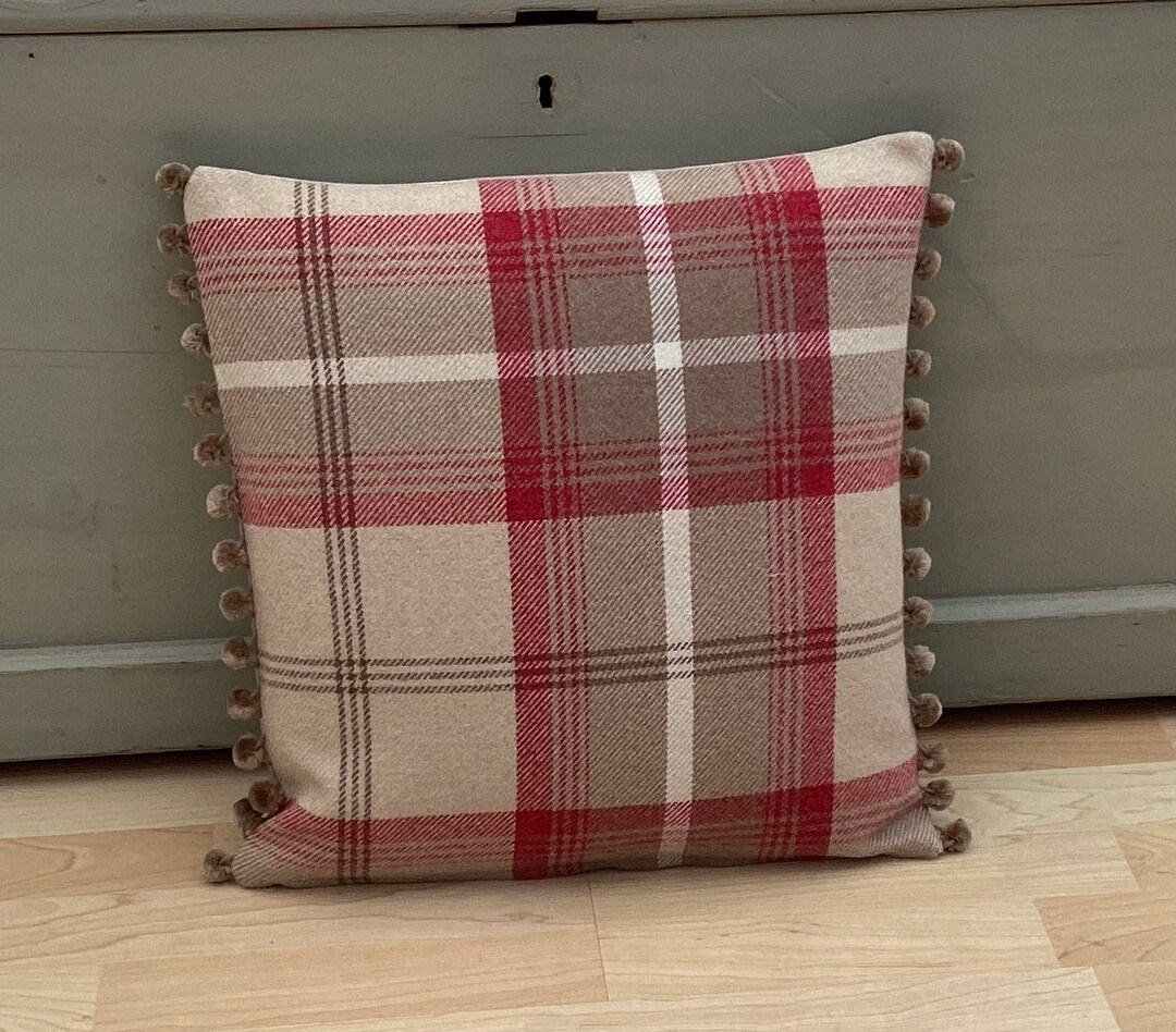 Handmade Balmoral Tartan Plaid Pillow Cover: Cranberry Red With Pompom ...