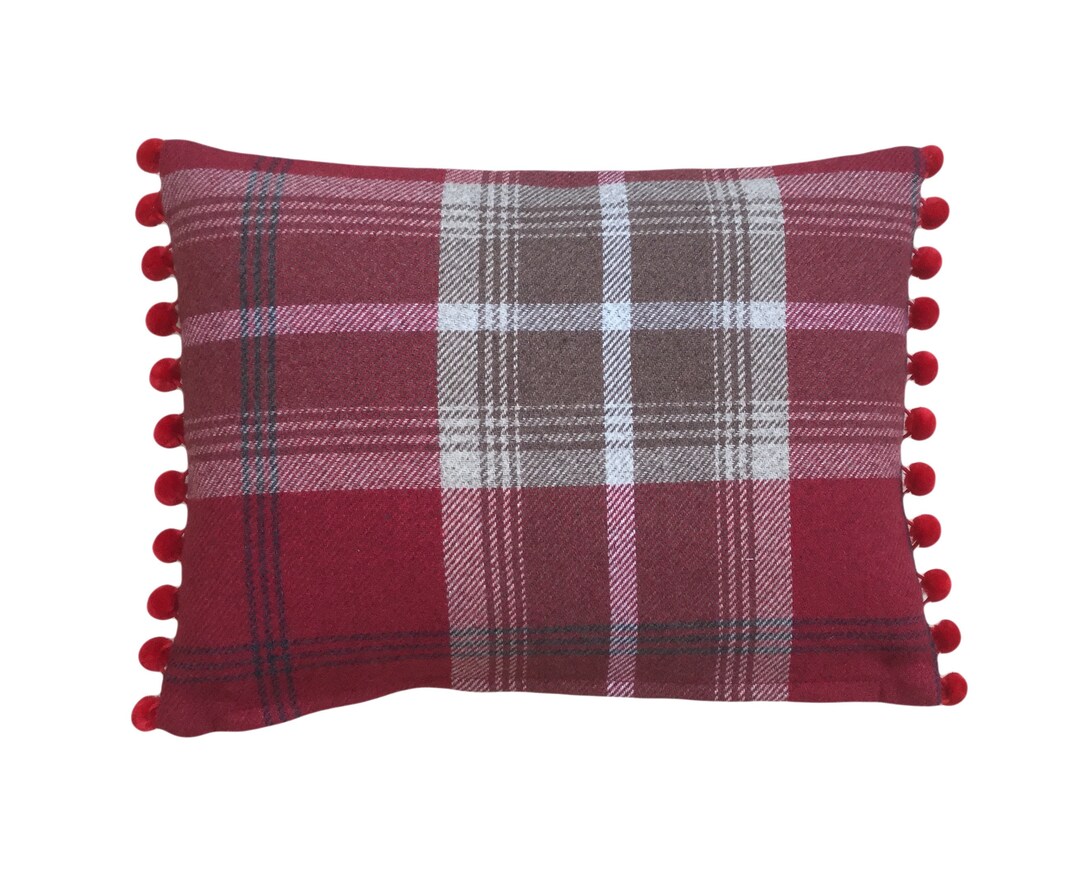 Balmoral Christmas Red Beige Ivory Pompom Wool Effect Tartan Plaid ...