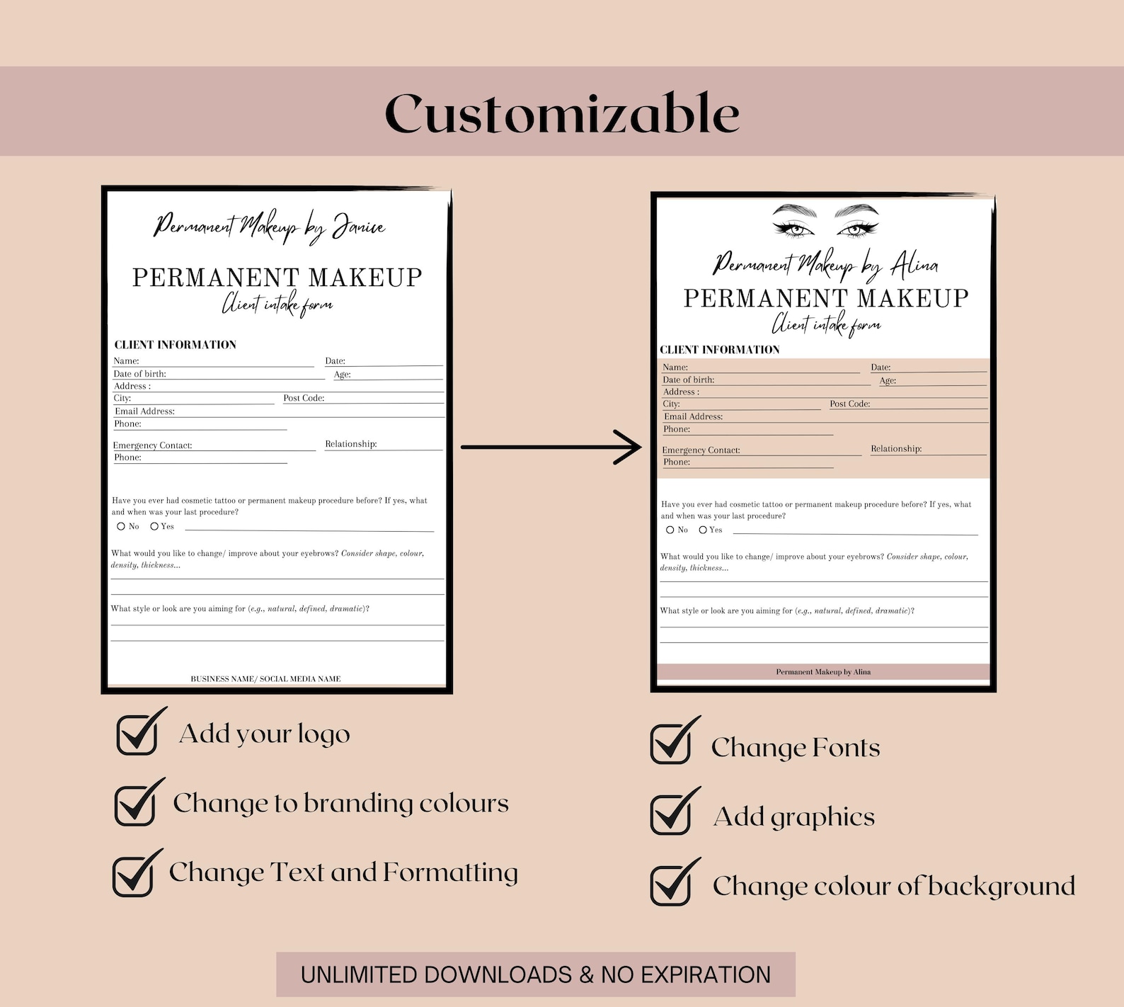 Permanent Makeup Forms | Editable PMU Consent Form Template | Printable ...