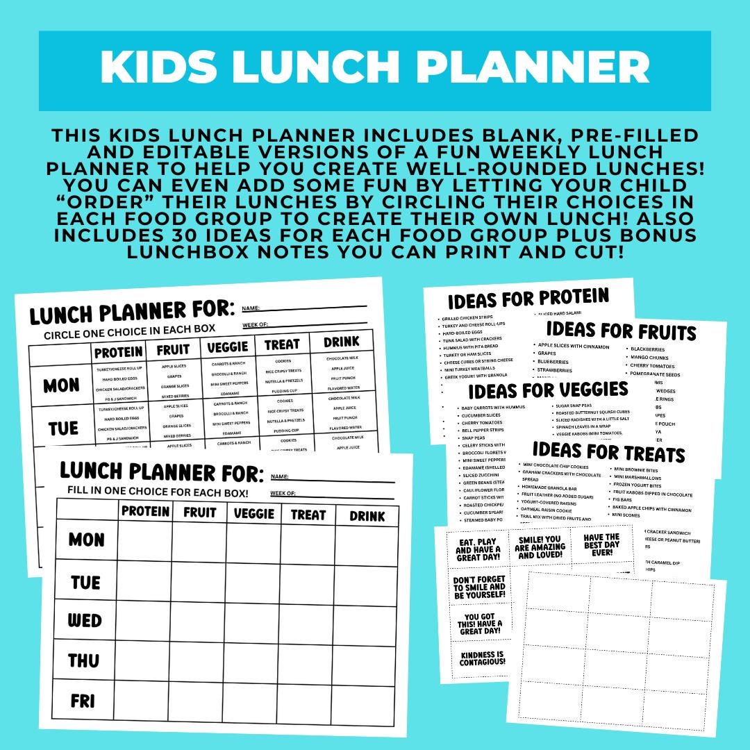 Kids Lunch Planner Digital Download, Printables Forkids, Lunch Planner ...