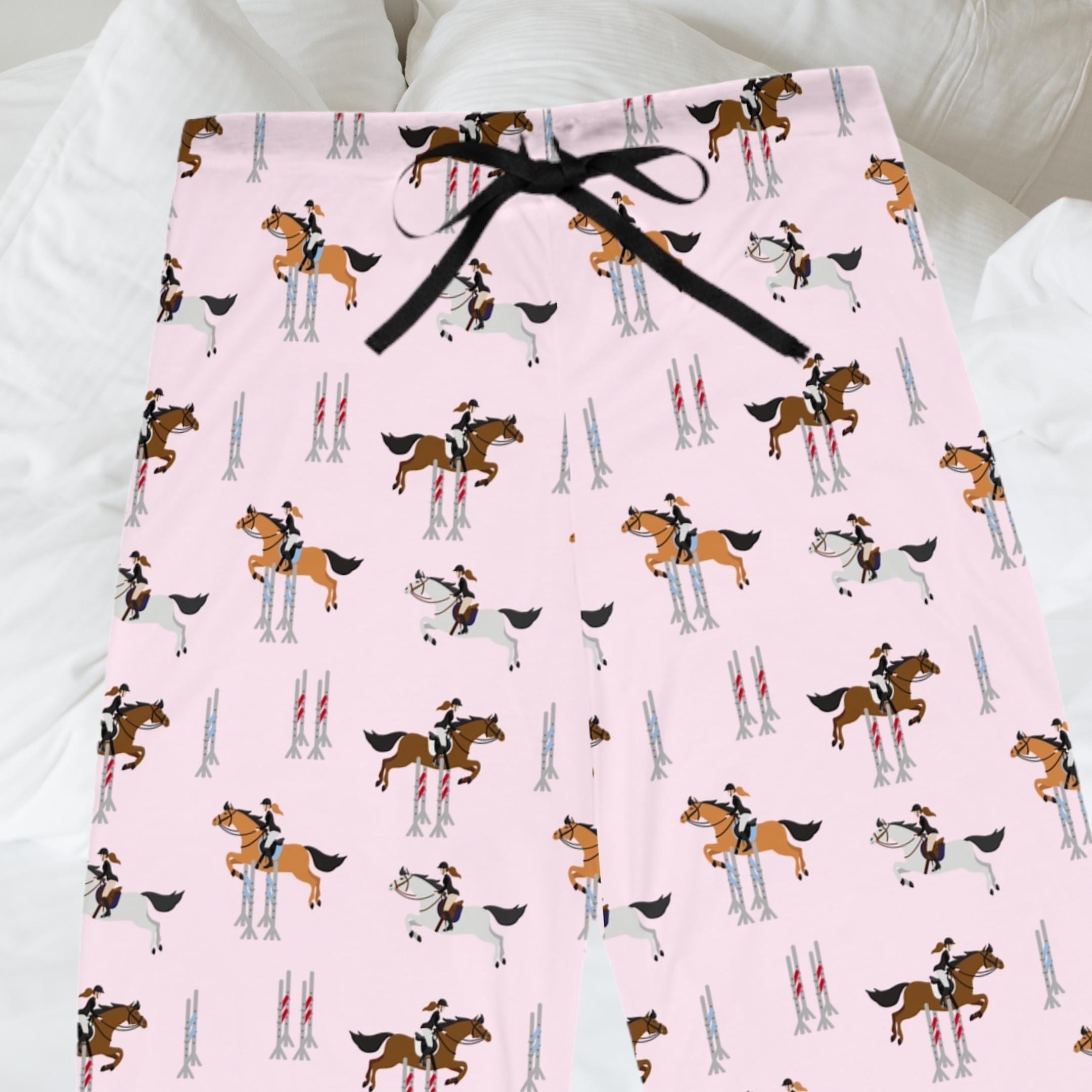 Preppy Pajamas, Colorful Jumpers Womens Pink Horse Pajama Pants ...