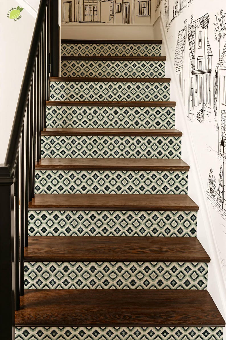 Sage Green Geometric Folk Motif Design Pattern,stair Riser Stickers ...