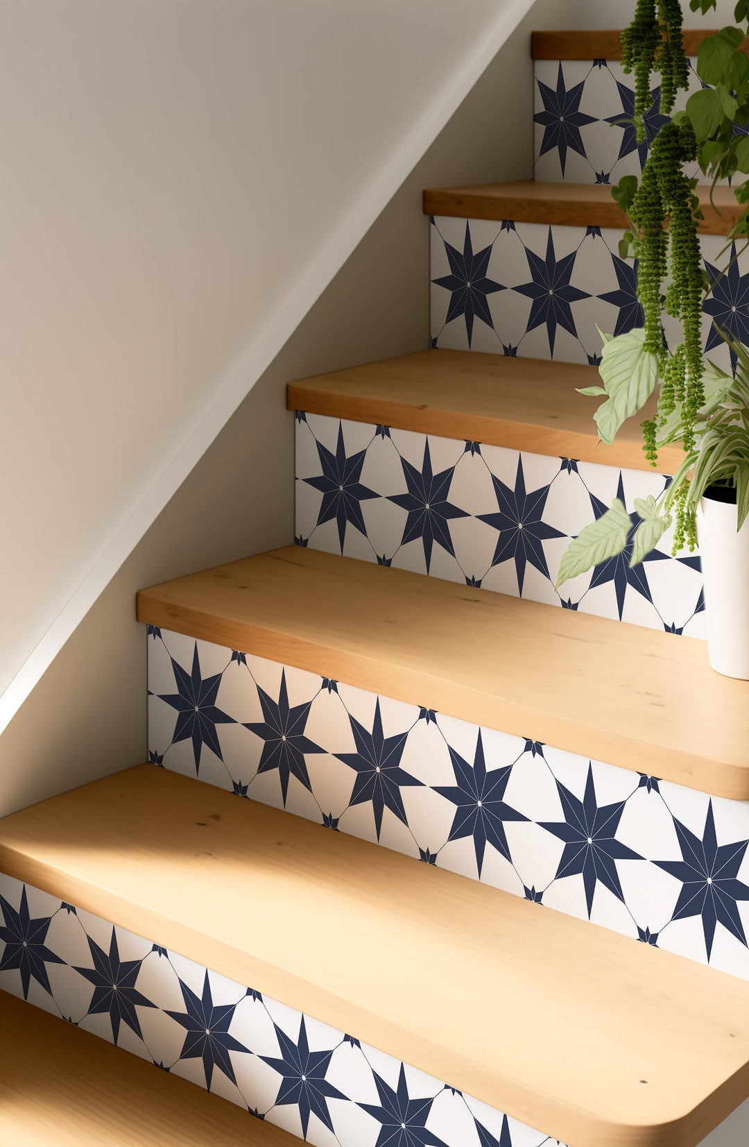 Boho Star Tile Stair Sticker Blue Grey, Peel and Stick Stair Riser ...