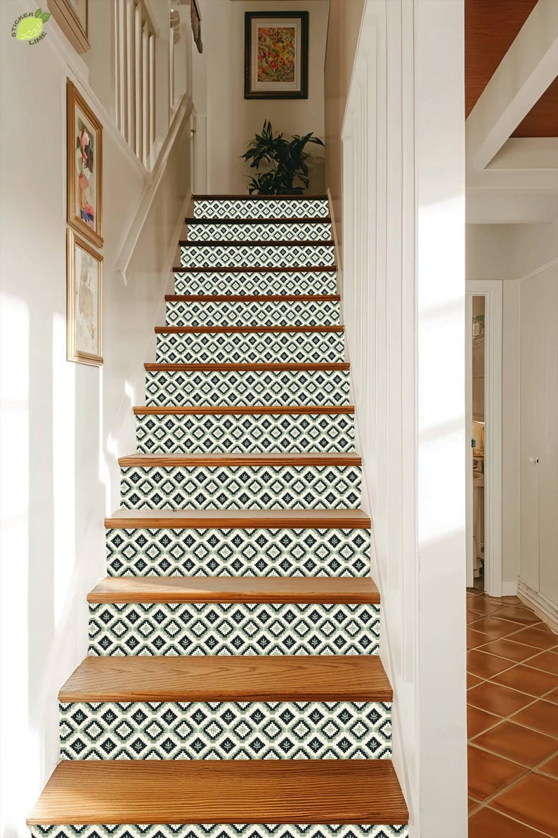 Sage Green Geometric Folk Motif Design Pattern,stair Riser Stickers ...