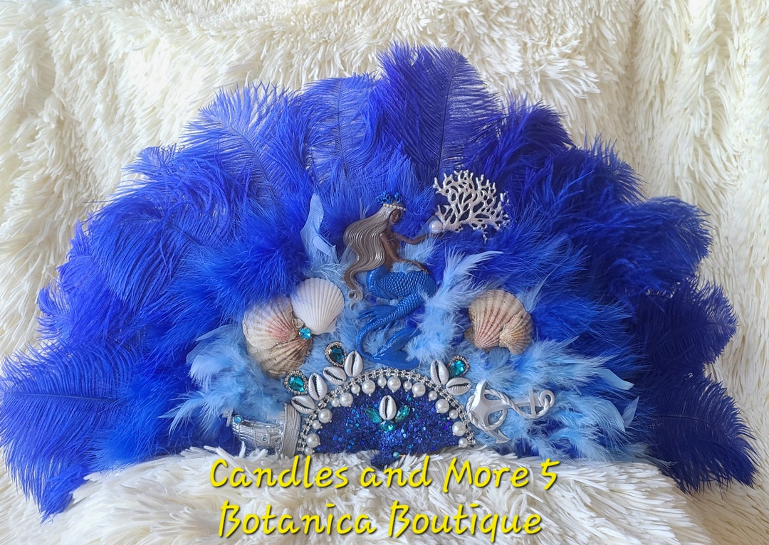 Hand Painted Fan for Yemaya With Resin Made Mermaid, Seashells and ...