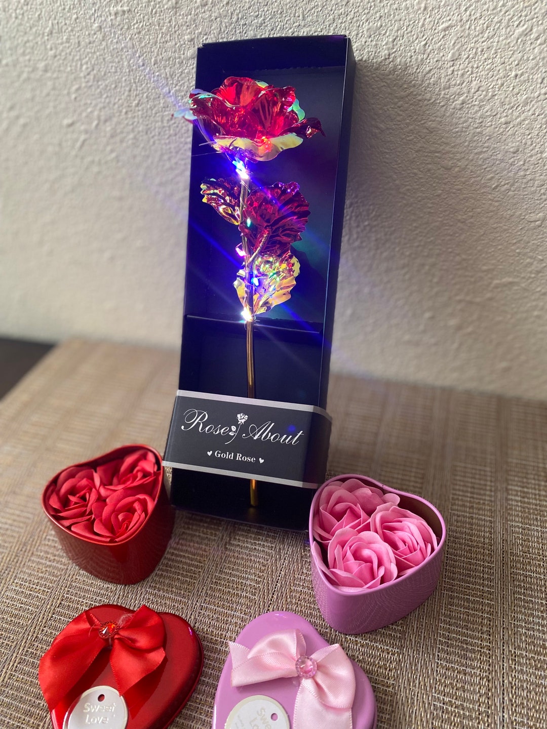 Valentines Gold Rose With Lights and 2 Heart Shape Box Roses Valentines ...