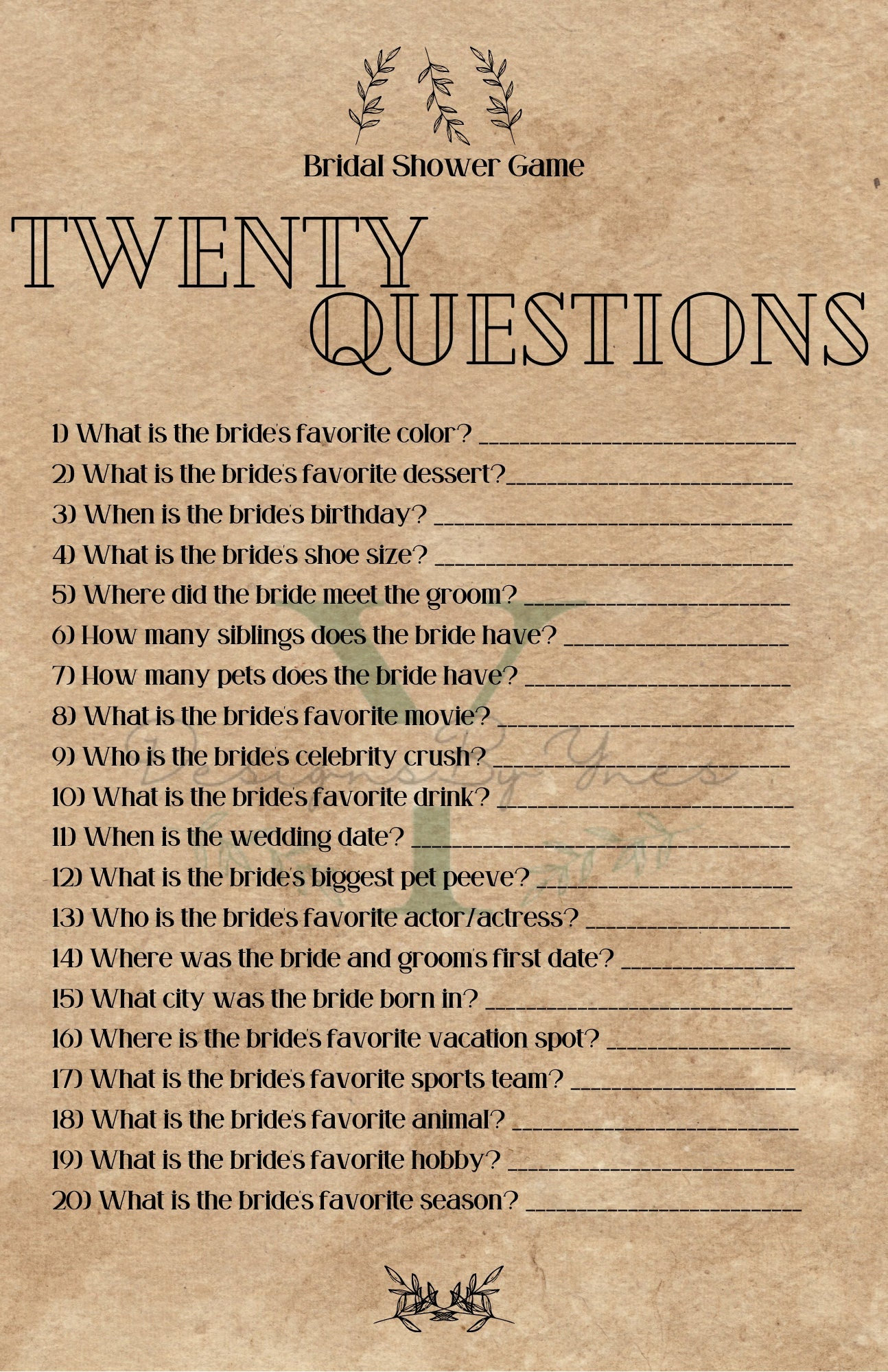 Twenty Questions Bridal Shower Game | Simple Nature Theme | White and ...