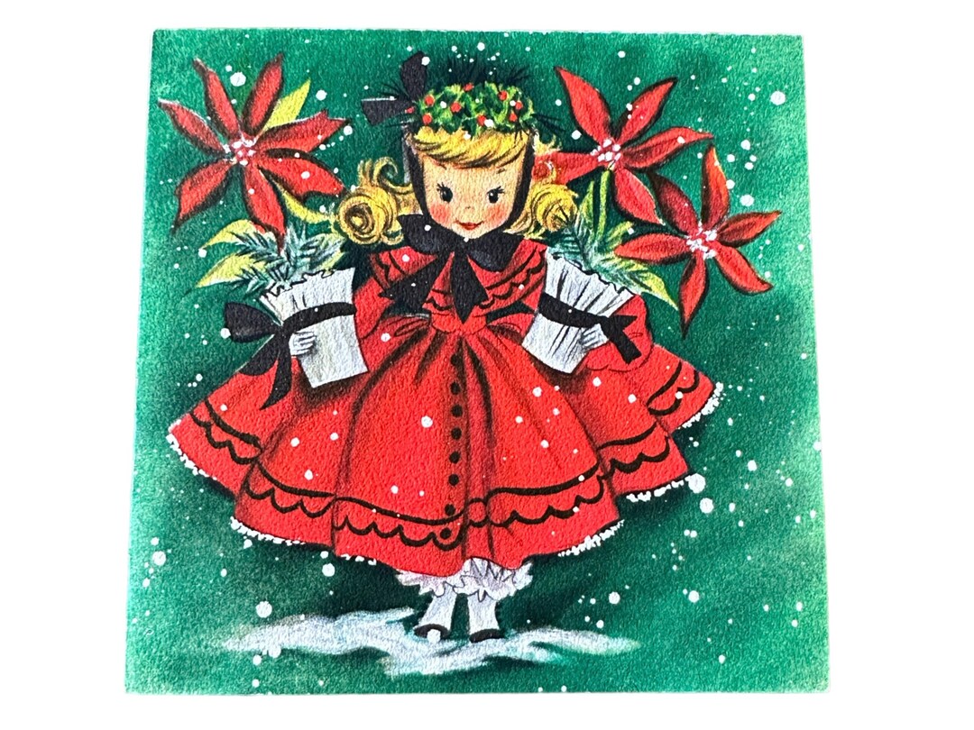 Fancy Young Lady in Red Dress Holding Poinsettias - Etsy