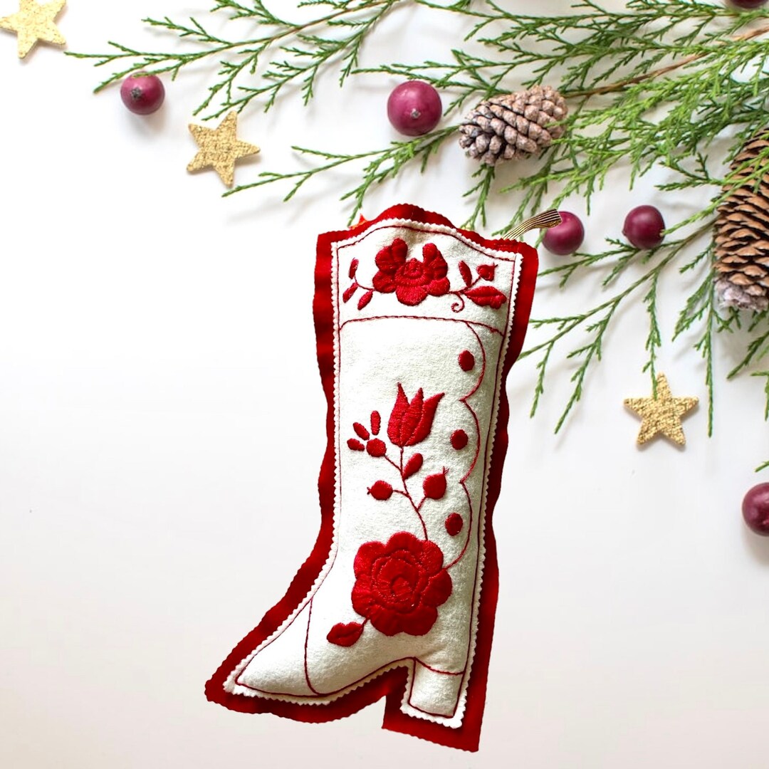 Red Felt Stocking With White Overlay and Embroidered Red Flowers - Etsy