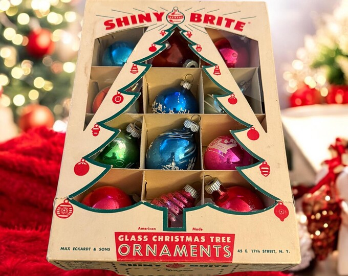 Shiny Brite 1940s Box With 12 Stenciled Small Christmas 1.75” Ornaments ...