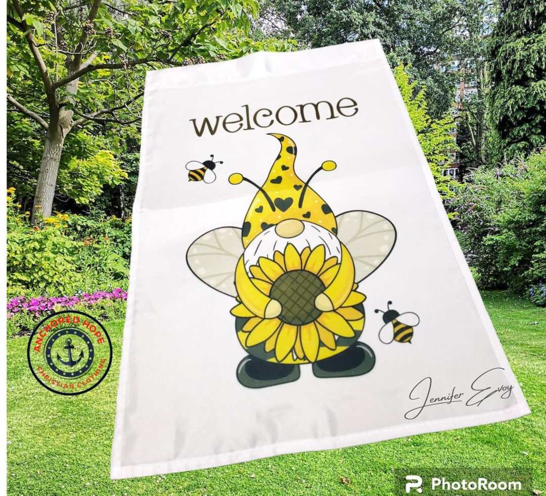 Welcome Gnome and Bumblebee Garden Flag, Gnome Flag, Gnome Flag ...