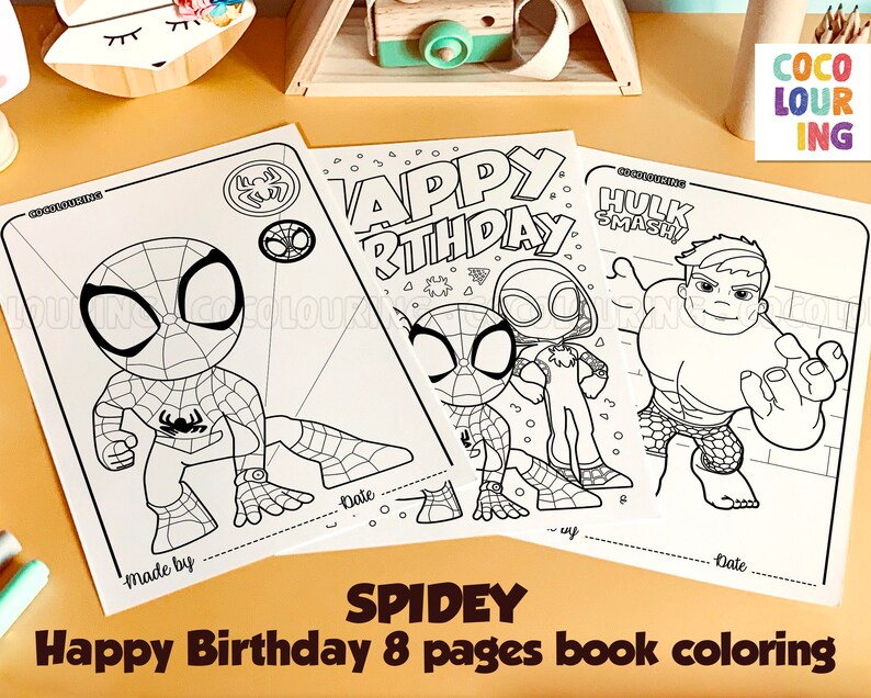 Spidey Characters Happy Birthday 8 Fun Coloring Pages of the - Etsy