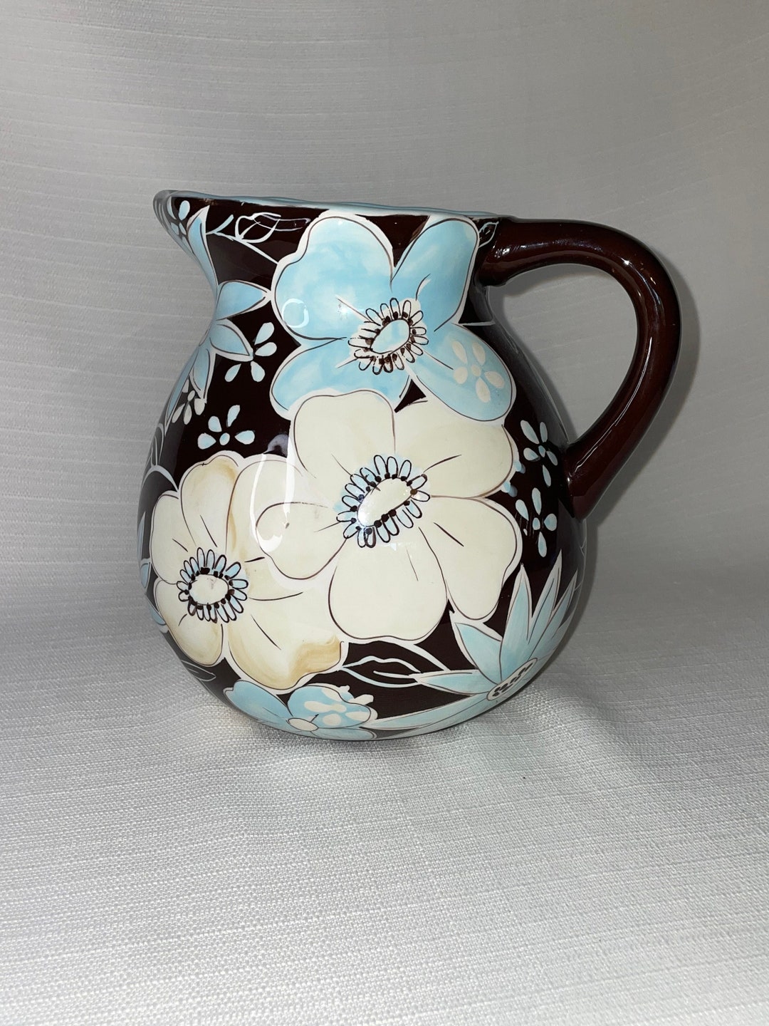 Laura Gates Casual Blue Brown Floral Pitcher - Etsy