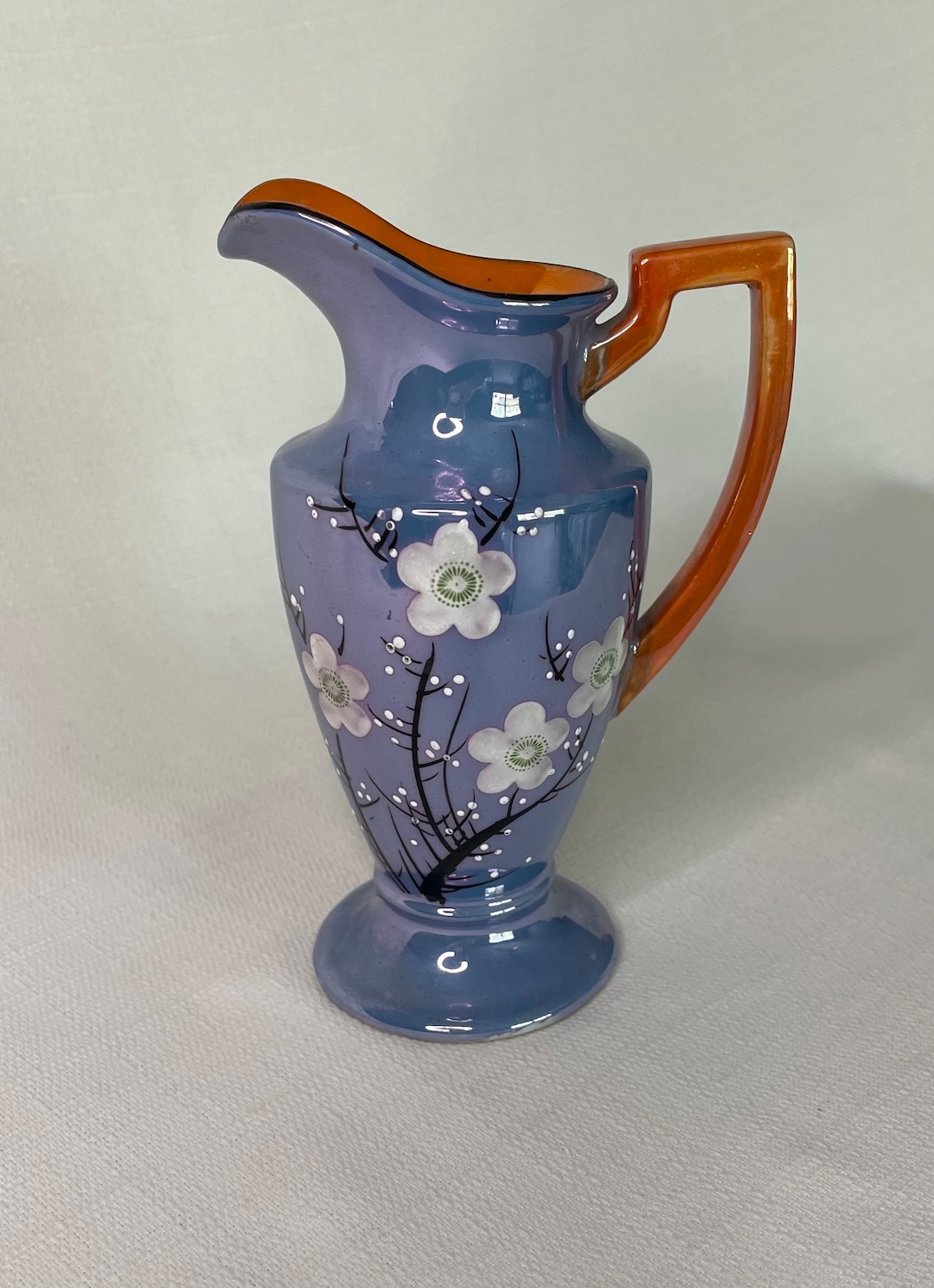 Japanese Blue Lustreware Moriage Handpainted Cherry Blossom Creamer ...