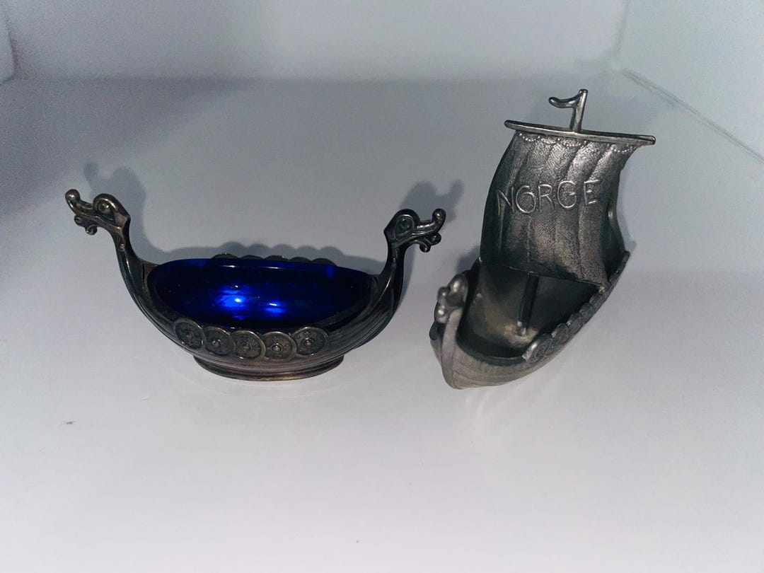 Theodor Olsen Norwegian Viking Ship Gilt Blue Salt Cellar - 925 ...