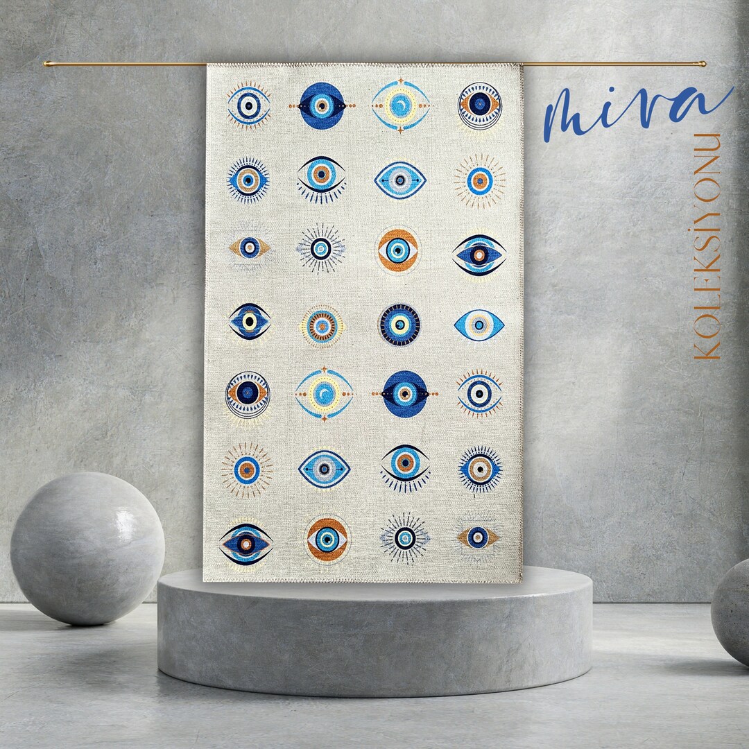 Turkish Evil Eye Rug, Modern Protection Rug, Small Floor Area Rug, Blue ...