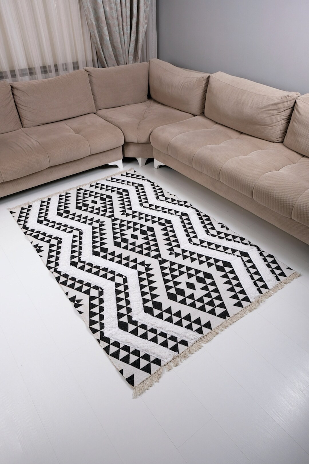Black and White Cotton Geometric Area Rug, Contemporary Modern Unique ...