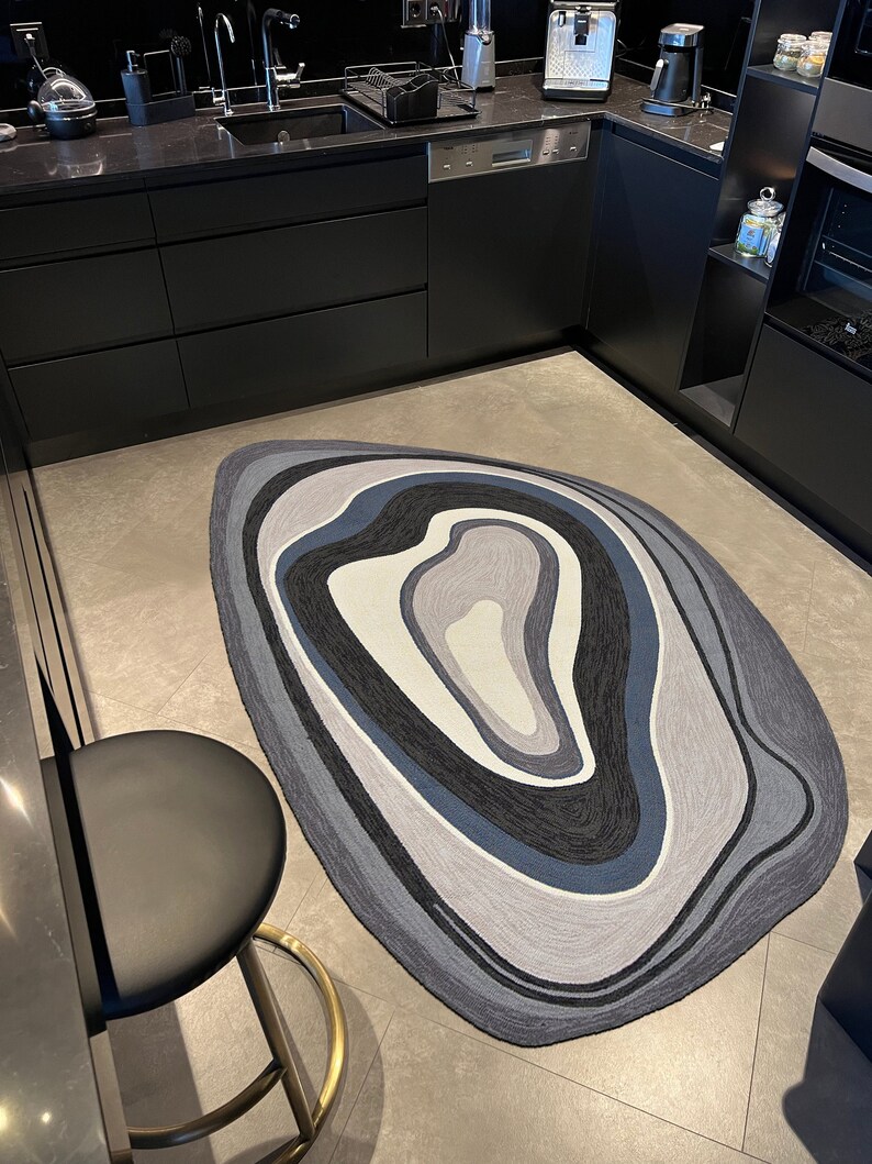 Contemporary Abstract Oval Lines Rug in Grey Black Blue and - Etsy
