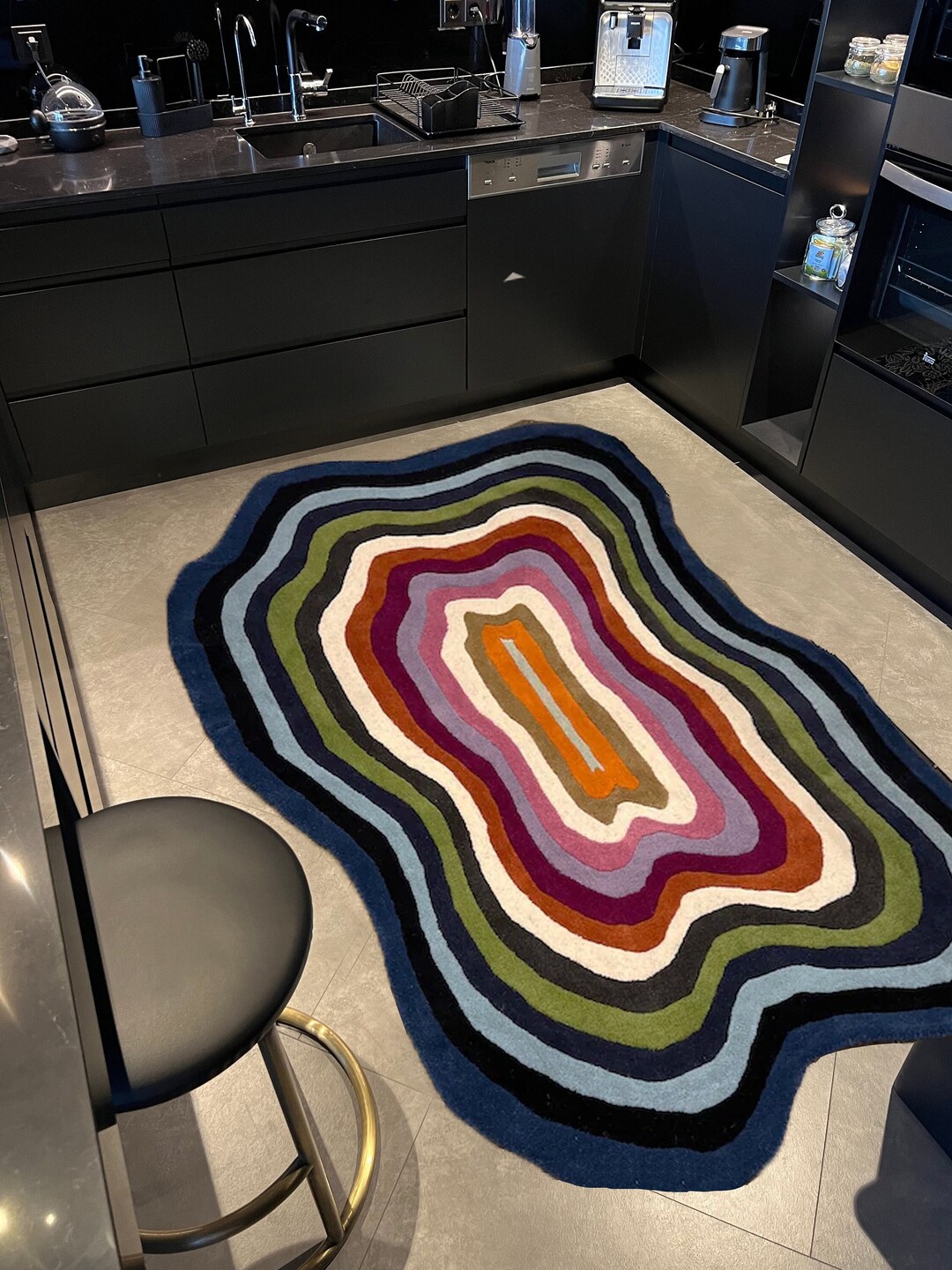 Vibrant Symmetry Funky Rug, Colorful Curved Lines Forming Circular ...
