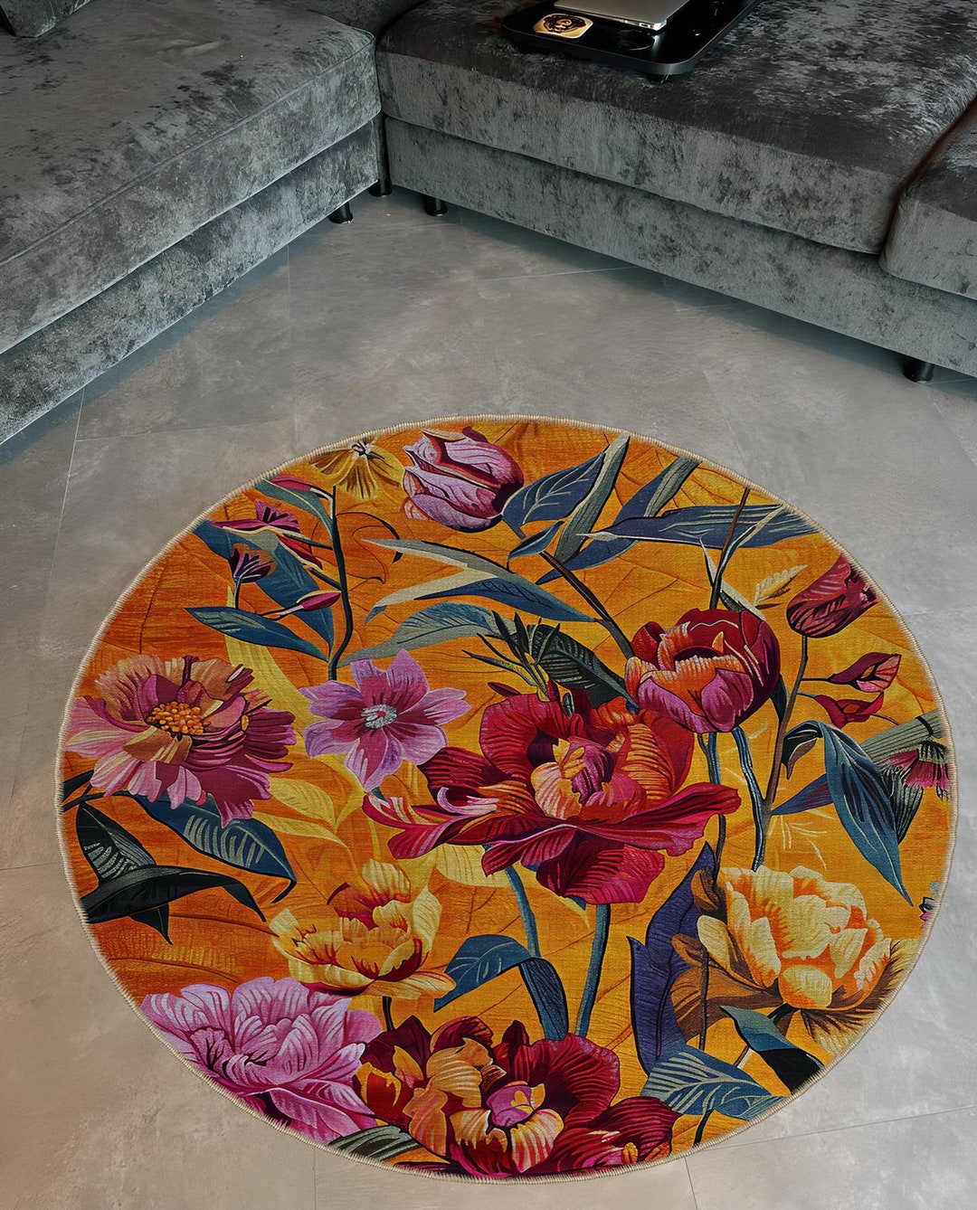 Sunlit Garden: Vibrant Floral Round Rug Eco-friendly & Organic Digital ...