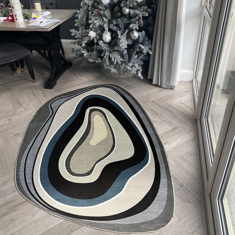 Contemporary Abstract Oval Lines Rug in Grey Black Blue and - Etsy