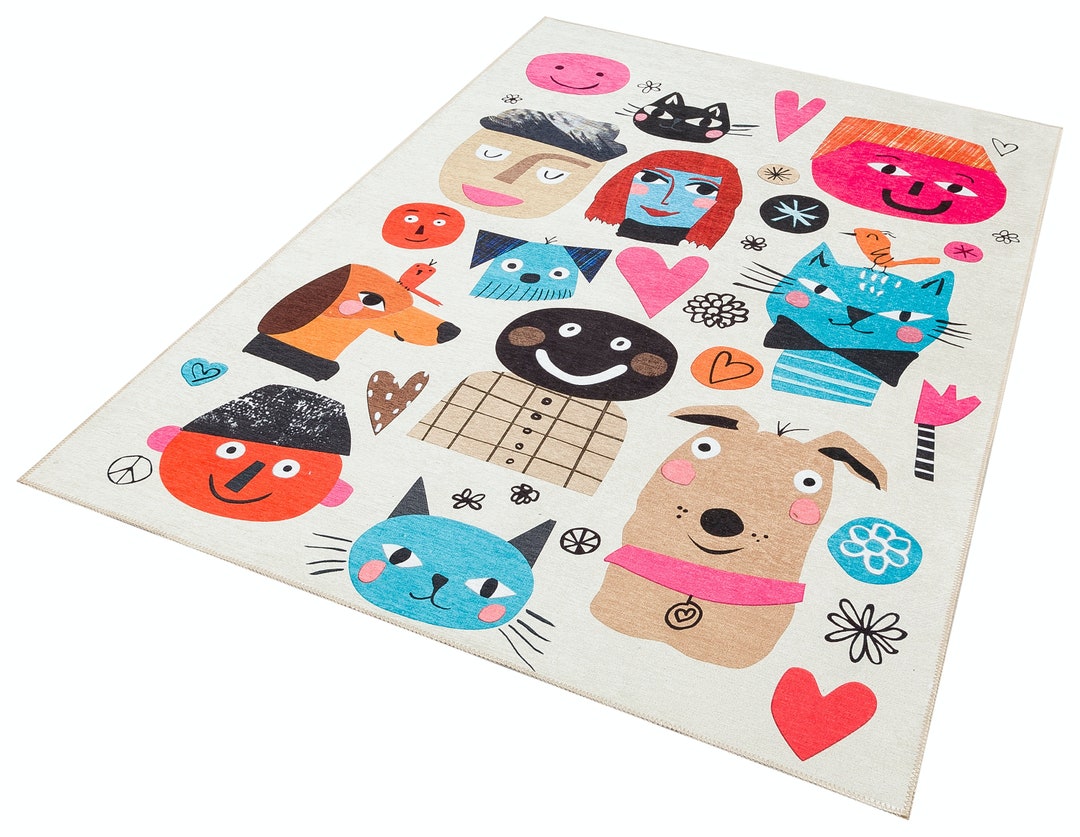 Playful Faces Rug Vibrant Digital Print for Kids' Rooms, Eco-friendly ...