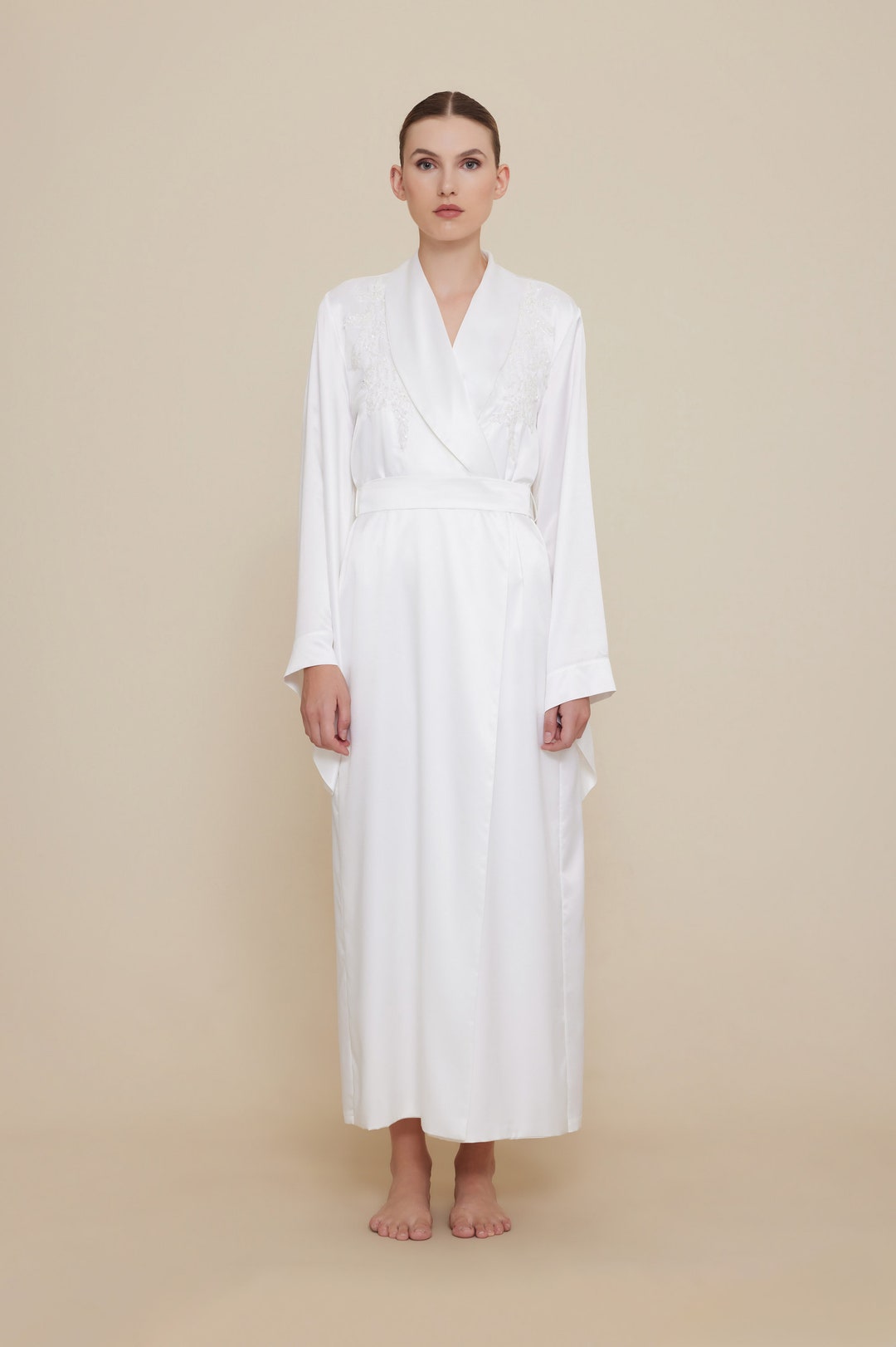 Lace Satin Long Robe, Luxury Bridal Robe, Boudoir Robe, Wedding Day ...