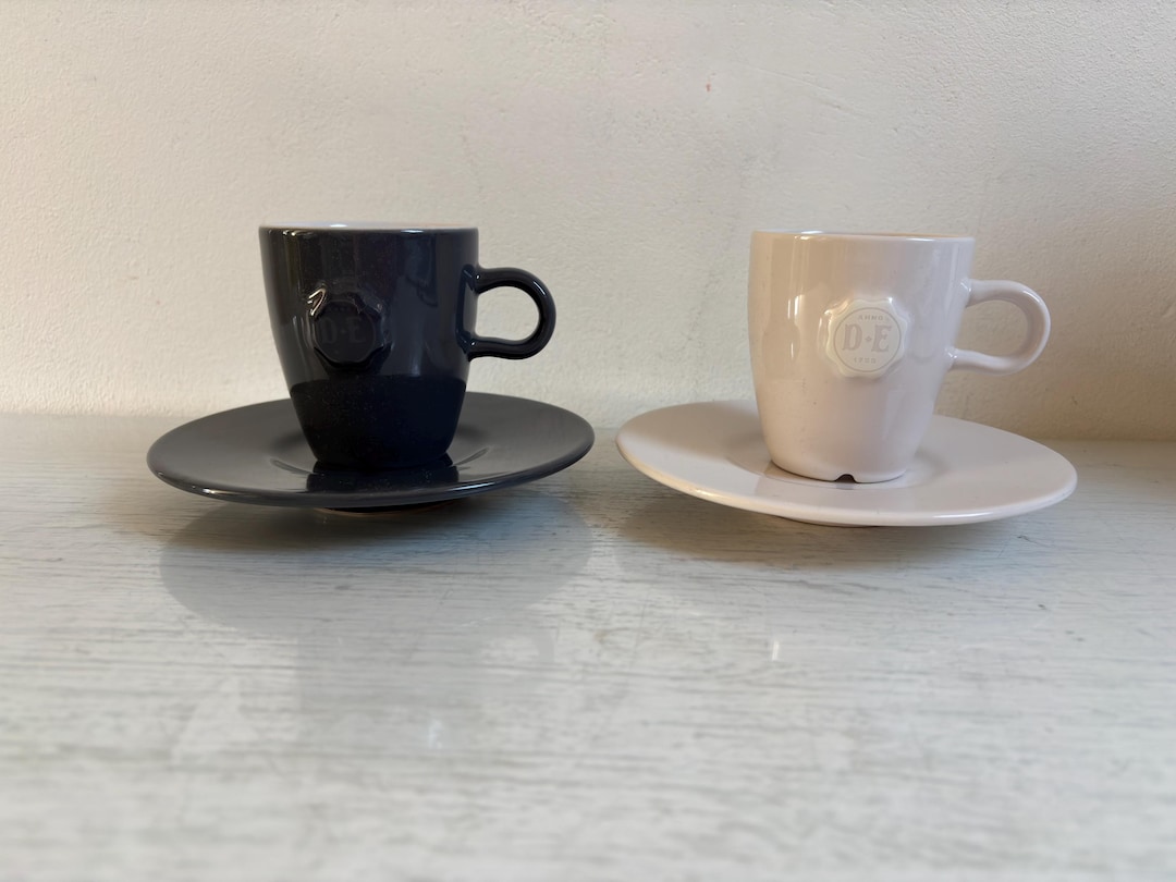 Set of Two Douwe Egberts Cups and Saucers, White and Gray, Nicolai ...