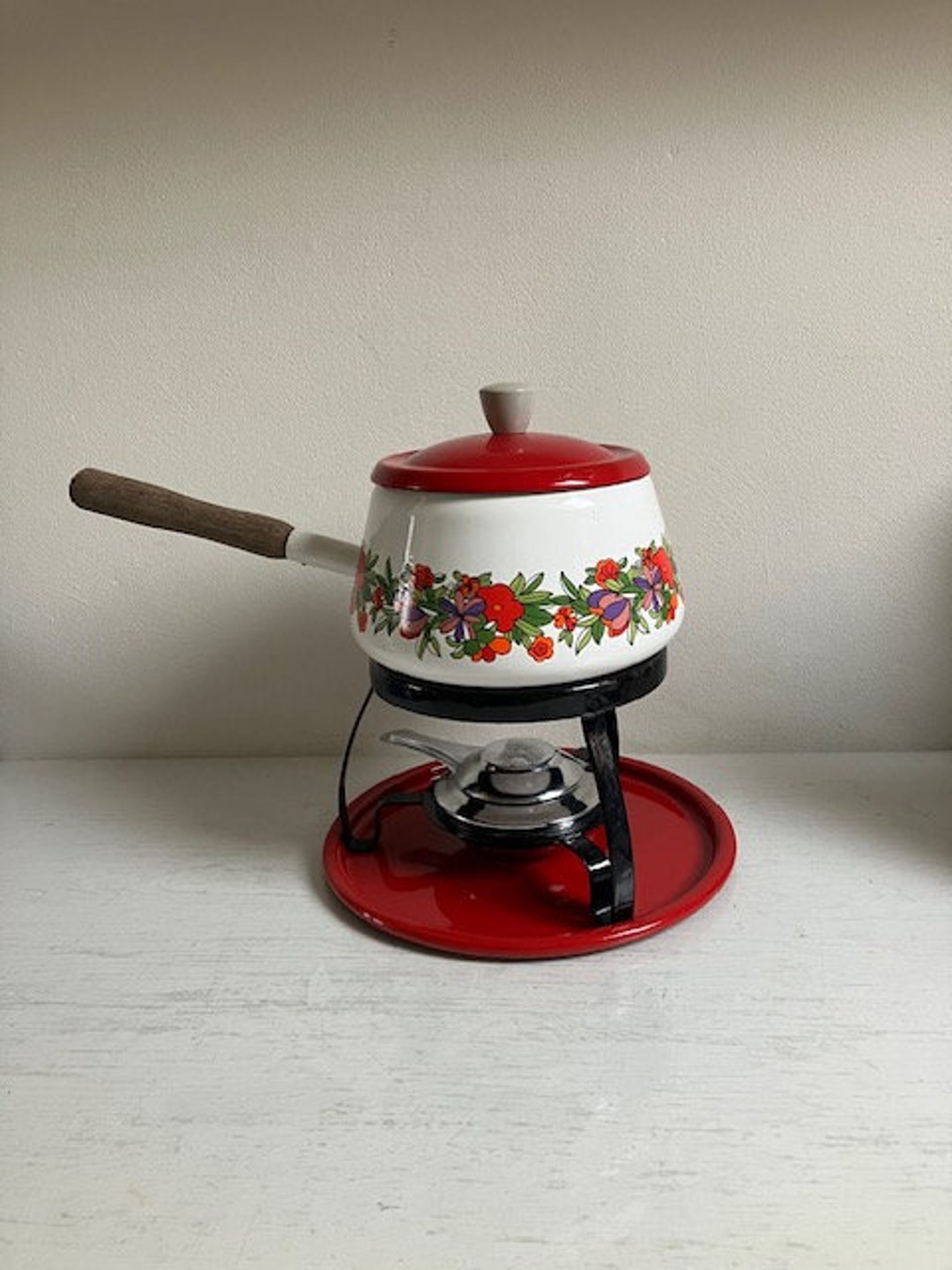 Vintage Fondue Pan, Retro, Red With Flowers - Etsy