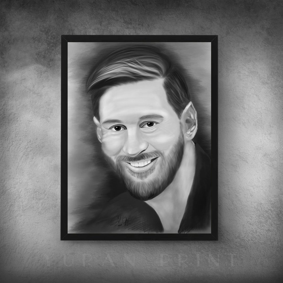 Draw Portrait Lionel Messi Prints Poster Drawing Picture Black and ...