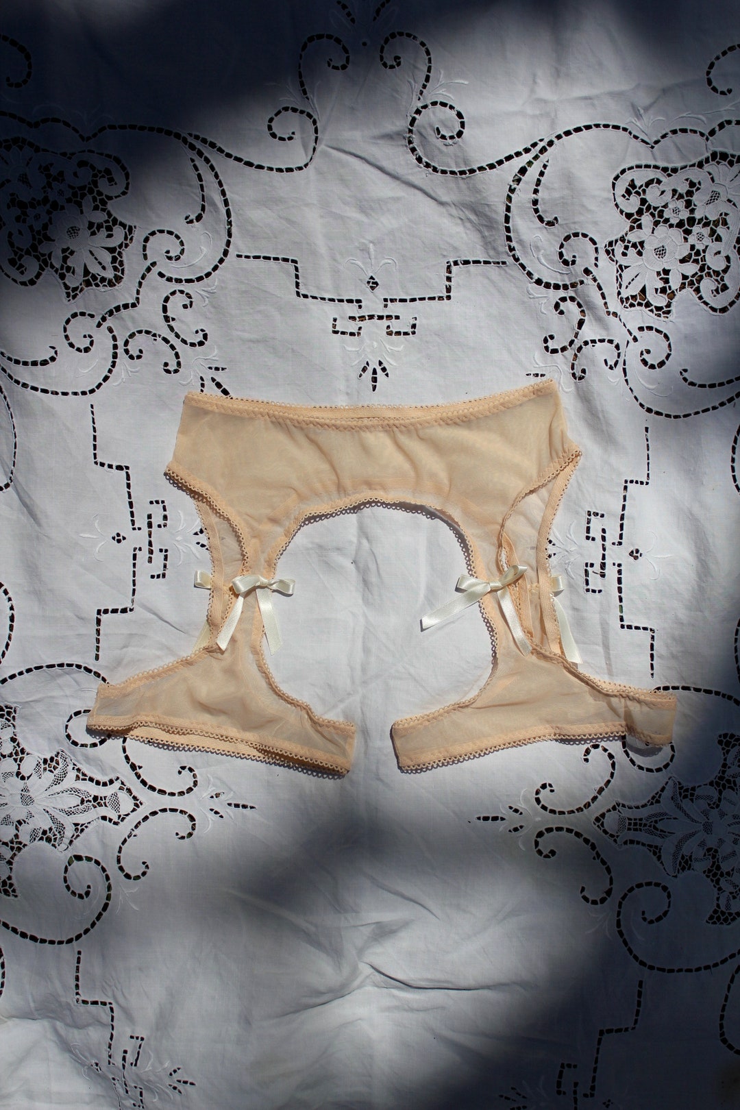 Bow Garter Belt: Sand Mesh, Thigh High Lingerie - Etsy