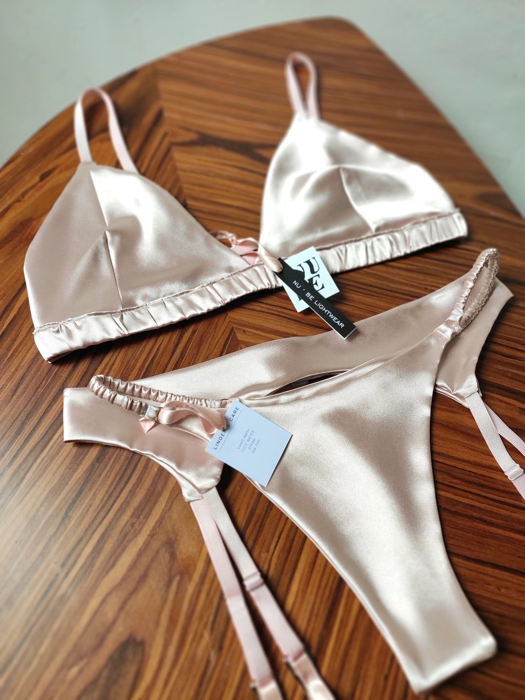 Satin Lingerie Set Pearl Pink Bralette. Pink Satin Garter. Silky Pink ...