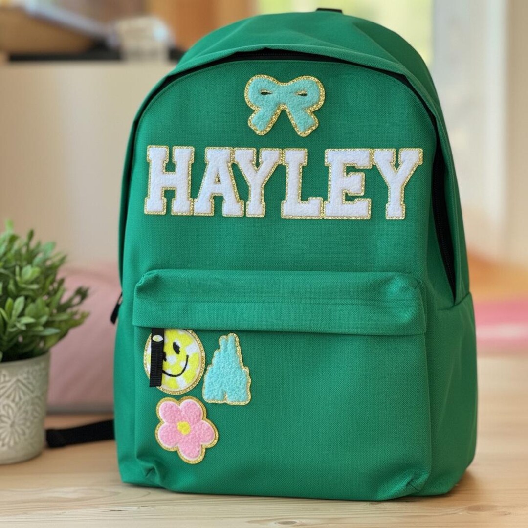 Personalised Chenille Patches Backpack. Patches Sewn on Rucksack. Back ...