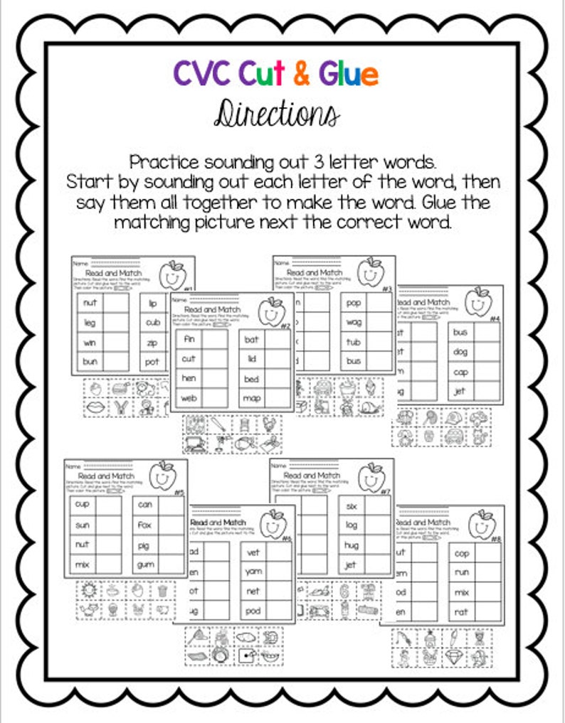 Reading Practice CVC Cut & Glue, Hands-on Worksheets, Kindergarten Prep ...
