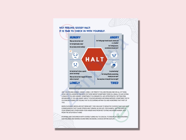 HALT (hungry, Angry, Lonely, Tired) Handout - Therapist Tool and Aid - Etsy