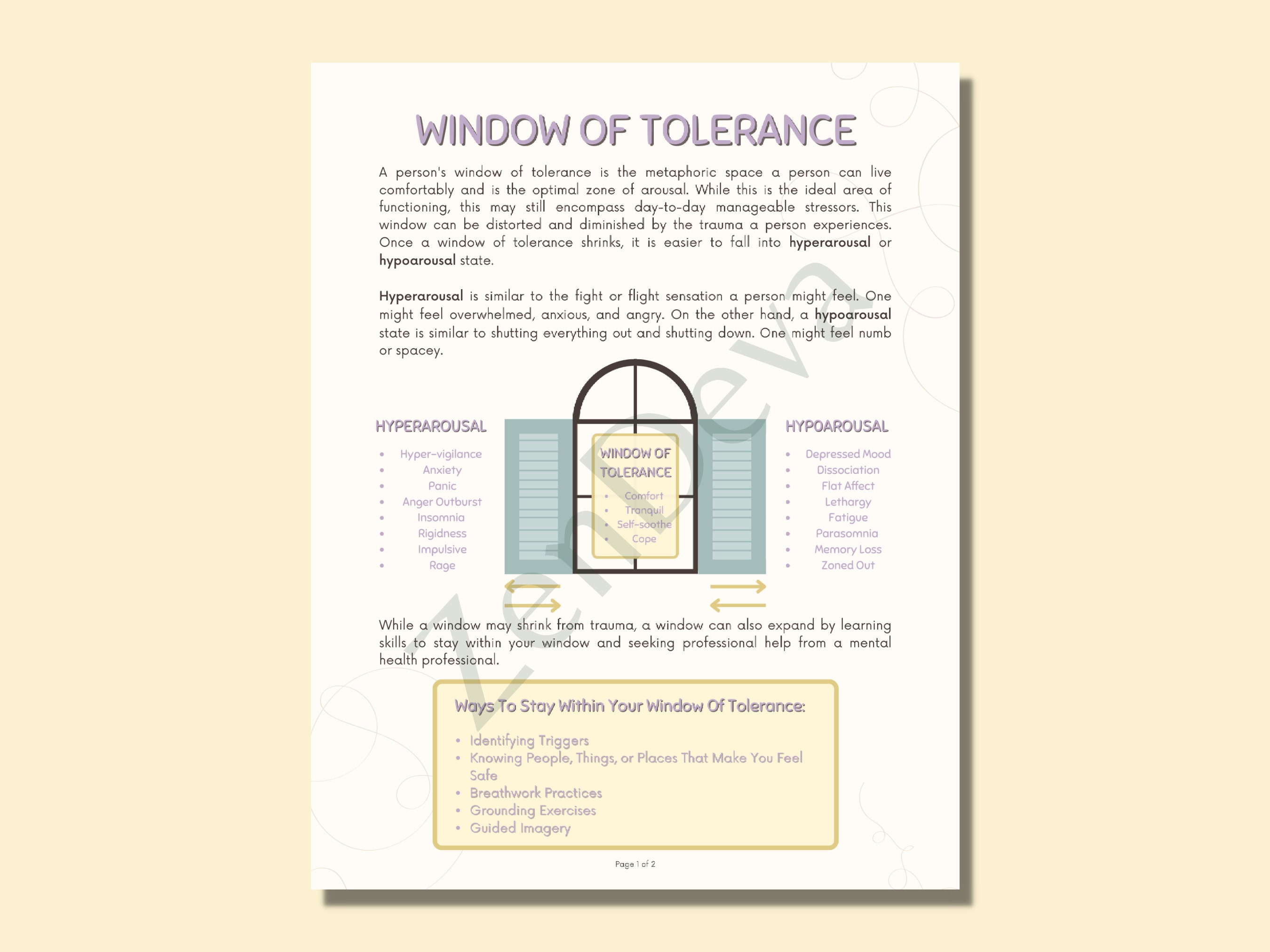 Window of Tolerance Handout and Worksheet- Educational/therapy Aid and ...