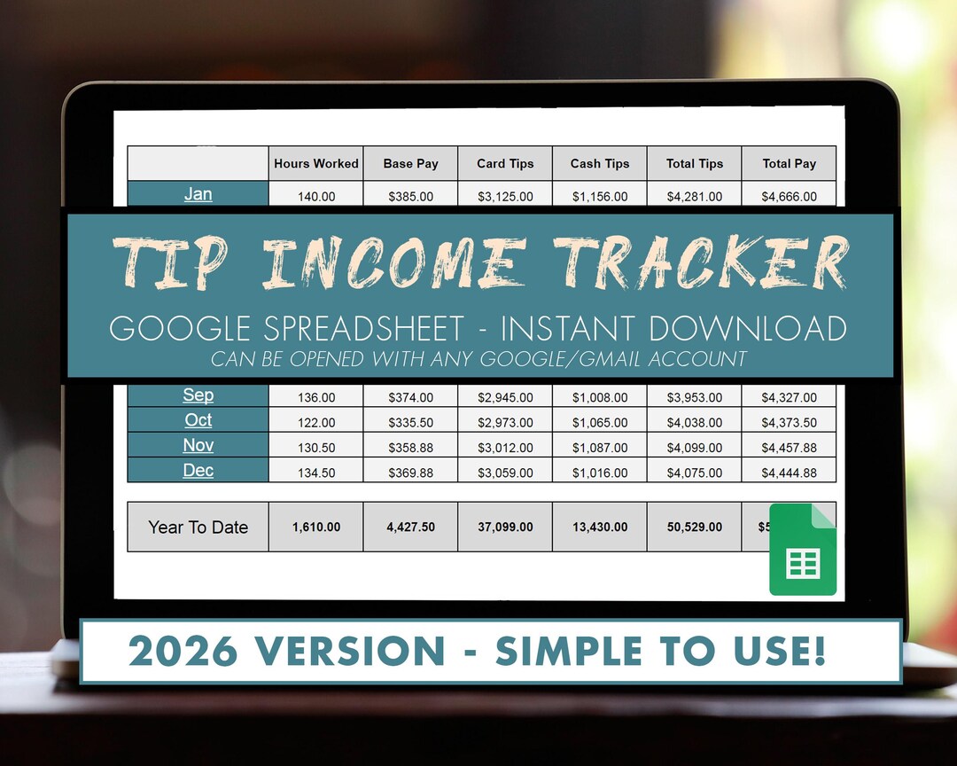 Tip Income Tracker Spreadsheet 2026 | Google Sheets Template | Tip Log ...