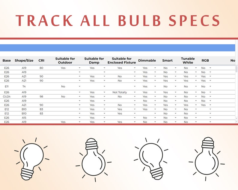 Light Bulb Manager Organizer and Tracker | Simple Google Spreadsheet ...
