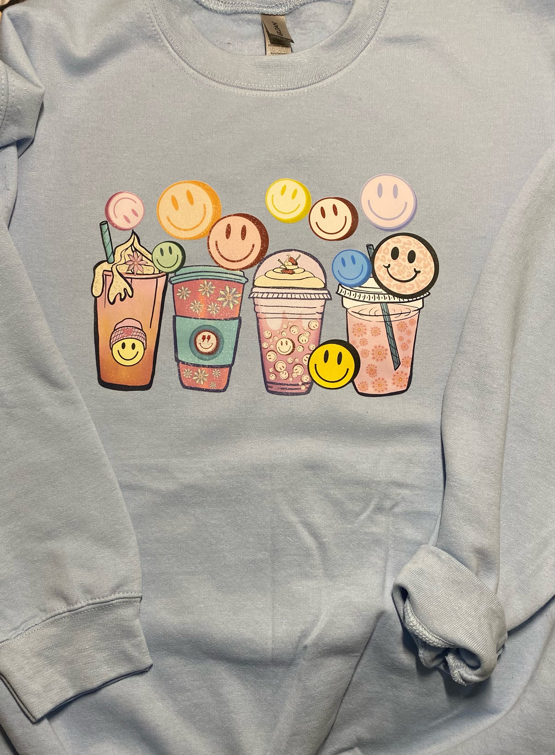 Smiley Face Latte DTF Crewneck, Latte, Coffee, DTF, Smiley Faces, Latte ...