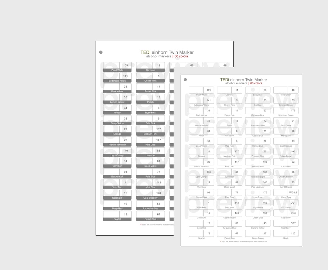 Tedi Einhorn Twin Marker Alcohol Markers 60 Colors, Full Color Swatch / Full Color Chart ...