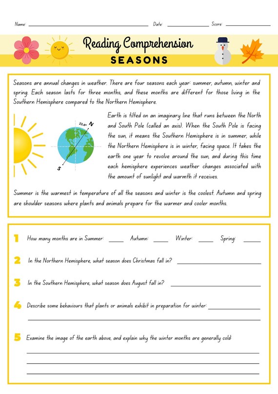 Reading Comprehension Seasons Worksheet | Etsy