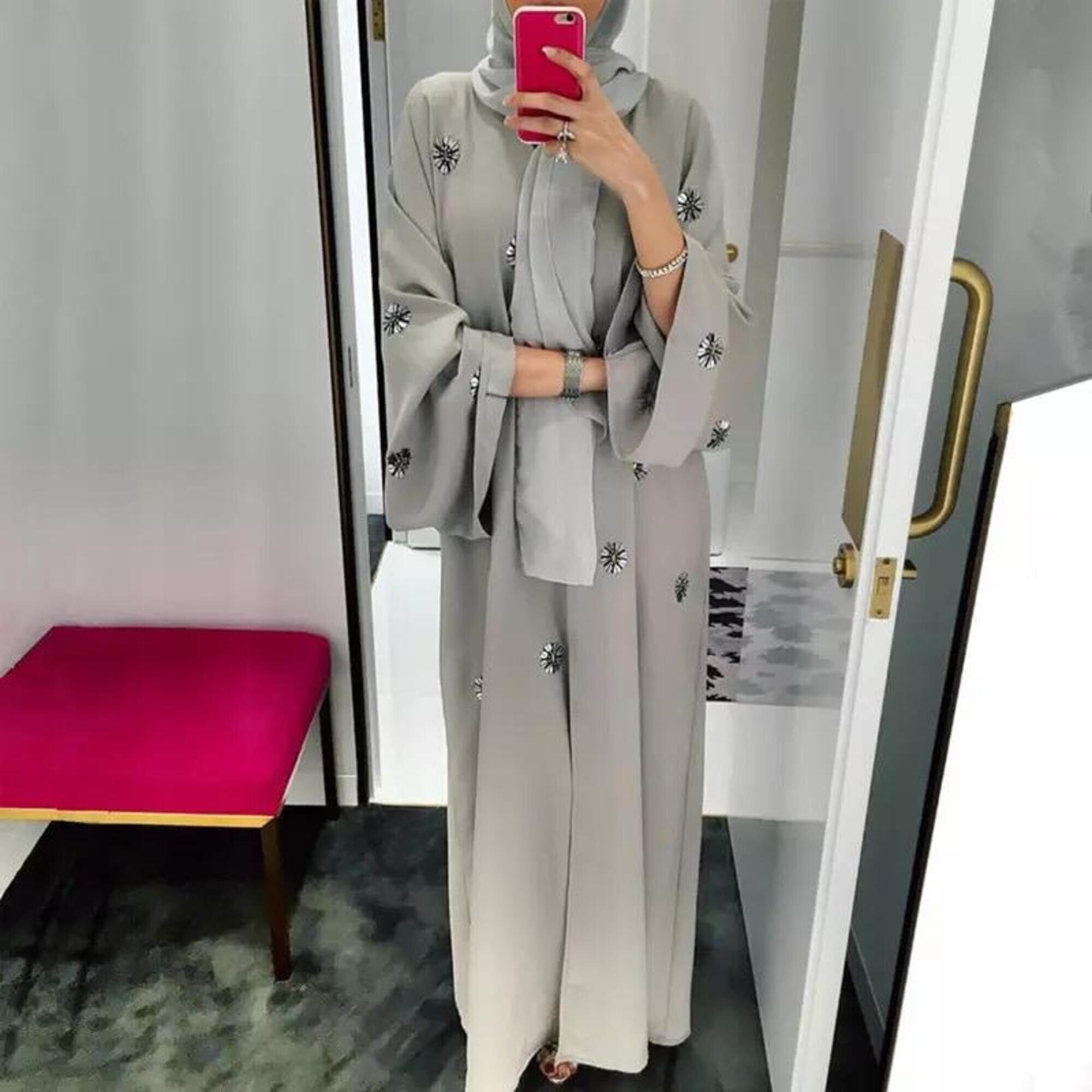 Turkish Islamic Clothing Muslim Open Abaya Women Beading Floral Maxi ...